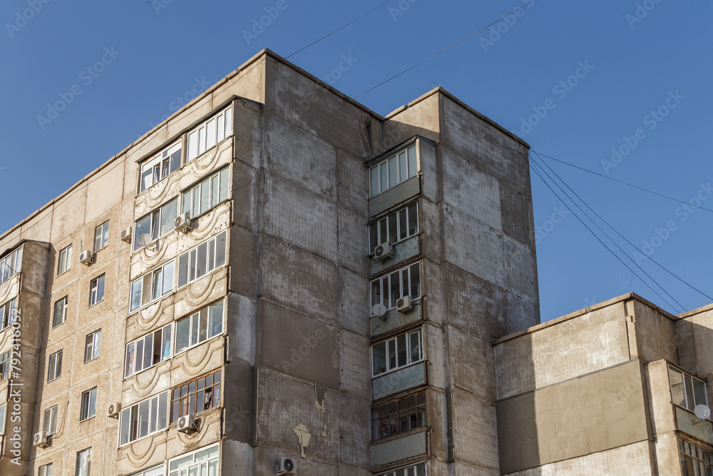 Multi-storey panel house. Soviet high-rise building. Old multi-storey ...