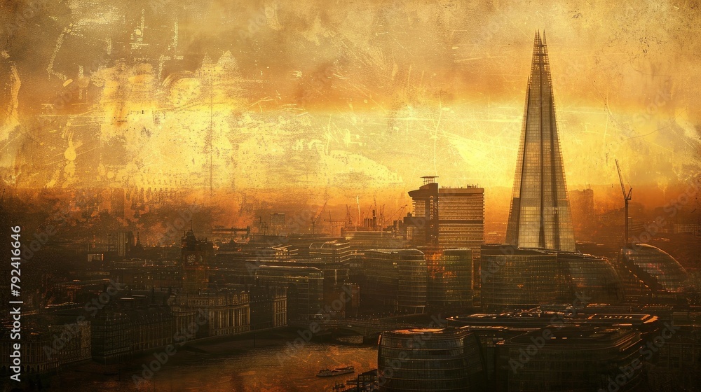 The shard building in London, golden sky, vintage style. The painting ...