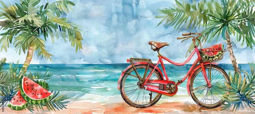 watercolor illustration with red bike with watermelon in the basket on ...