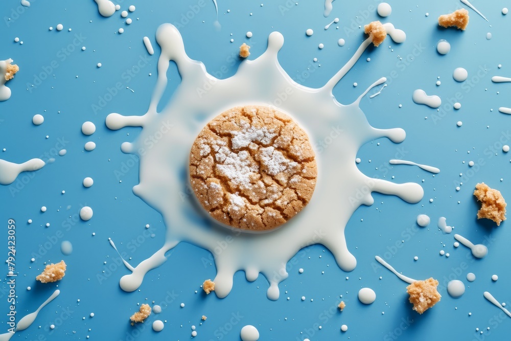 Top down view of milk splashing on a cookie against blue backdrop Stock ...