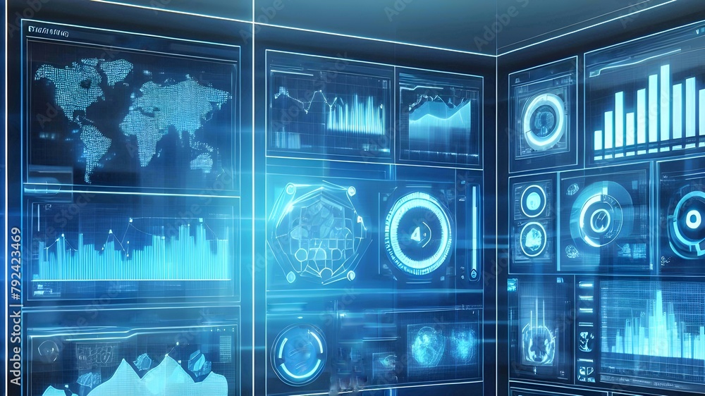 Foto de Transparent smart digital glass screen showing info and statics ...