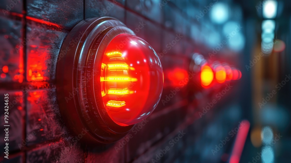 red alert lamp or warning indicator on black panel glowing red alert ...