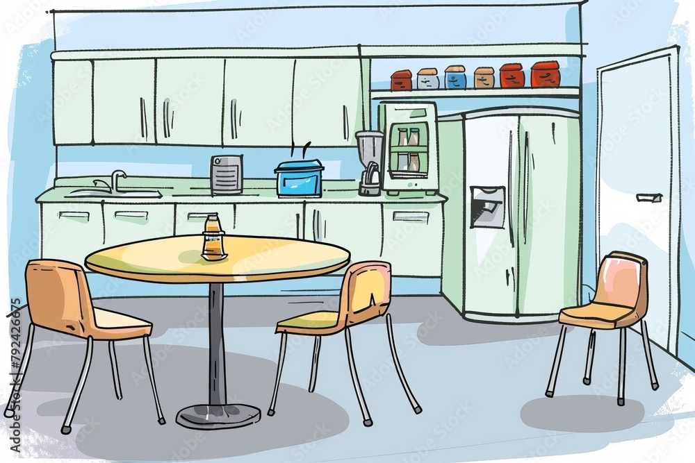Cartoon cute doodles of a break room with empty tables and chairs, a ...