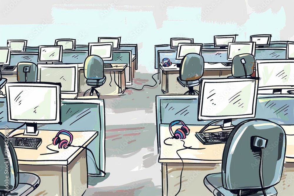 Cartoon cute doodles of an empty call center with cubicles, computers ...