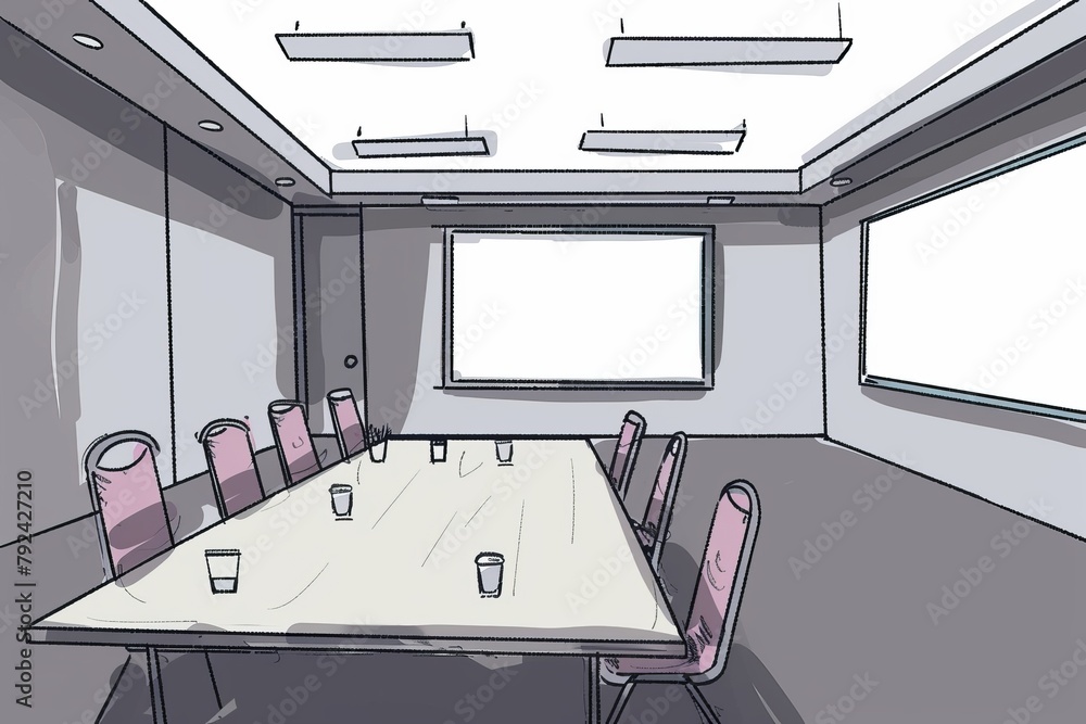 Cartoon cute doodles of an empty conference room with a long table and ...