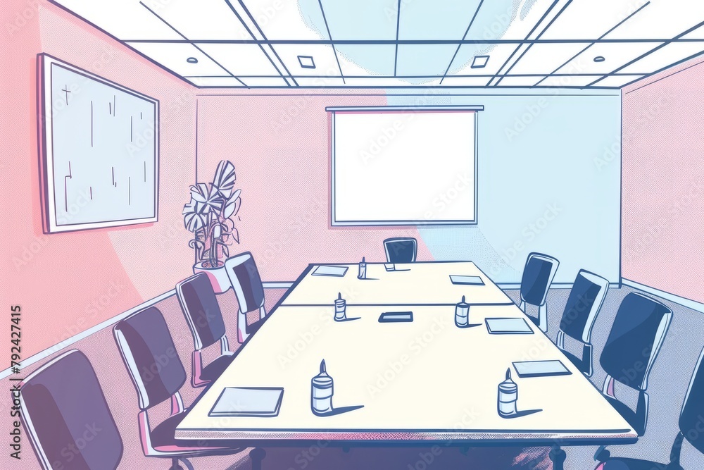 Cartoon cute doodles of an empty conference room with a long table and ...