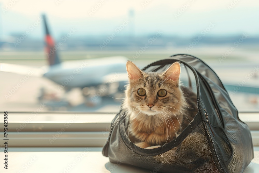 Traveling with pets by plane a cute cat in a carrier bag on an airport ...