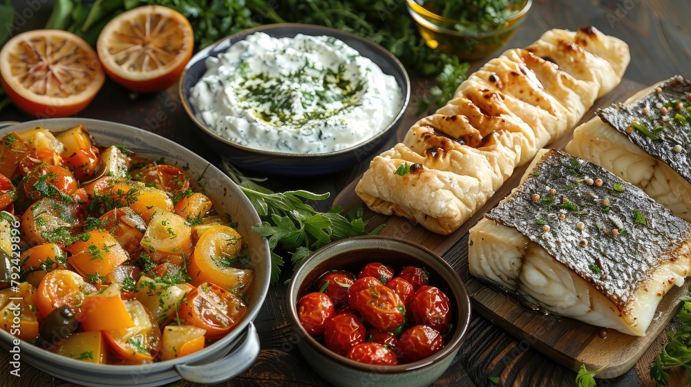 selection of traditional greek food salad meze pie fish tzatziki dolma ...