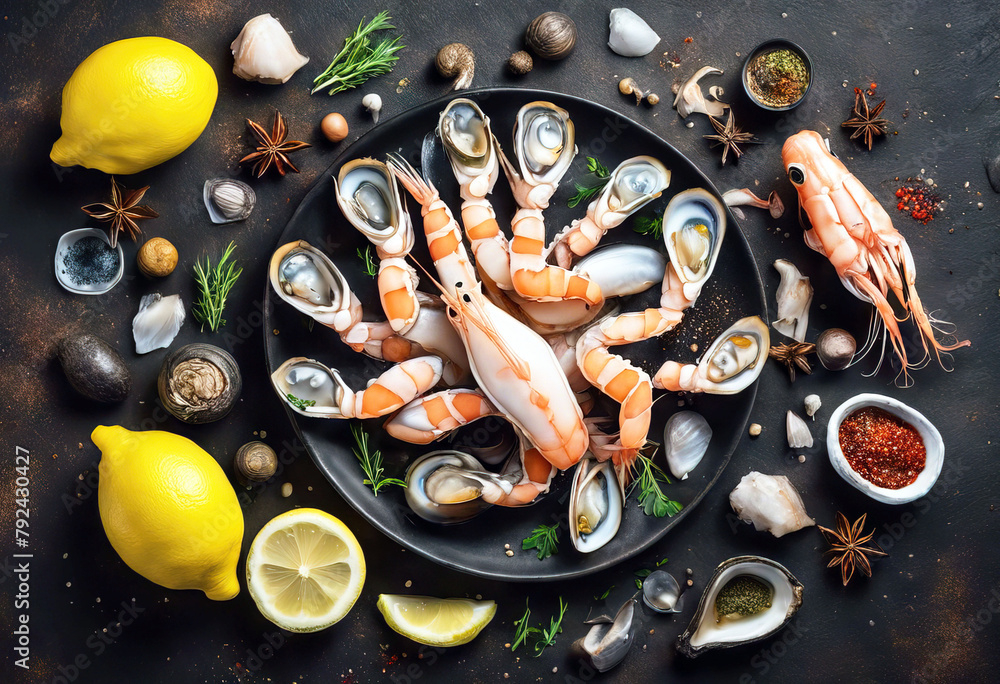 'mussels top lemon herbs squid shrimp spices Fresh oyster raw copy ...