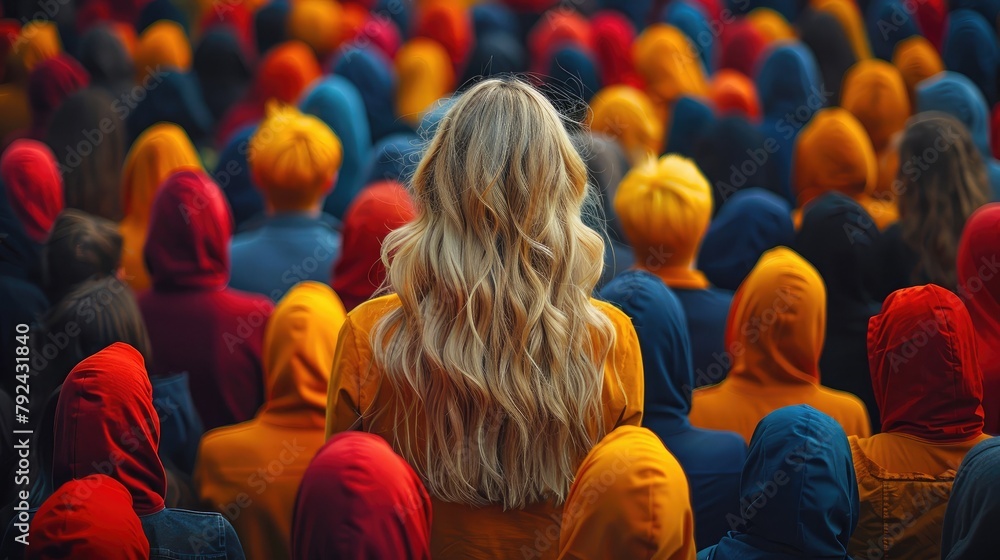 stand out from the crowd concept with blonde woman standing out from ...