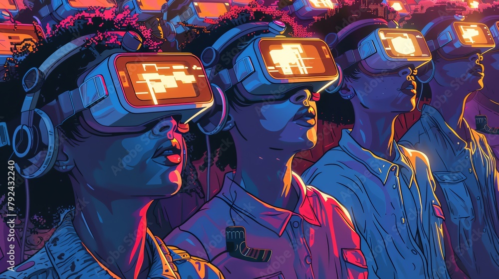Illustrate a pixel art scene featuring a crowd of diverse individuals ...