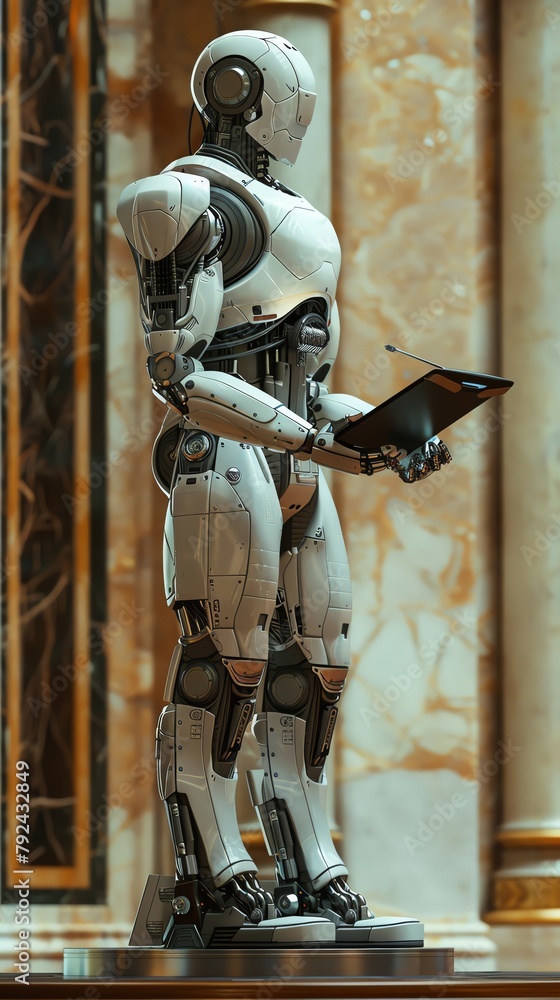 Capture a clay sculpture of a sleek, humanoid robot delivering a speech ...