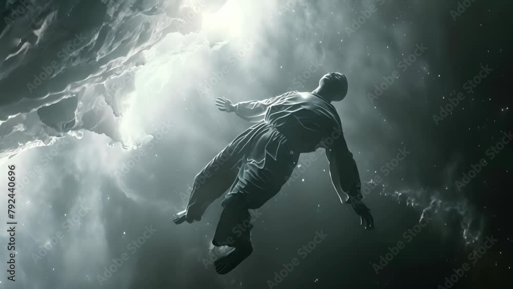 A man is floating in the air above a body of water. The scene is dark ...