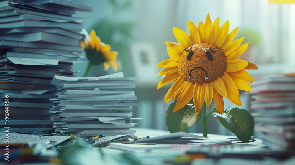 Sad and exhausted sunflower with stacks of documents on an office desk ...