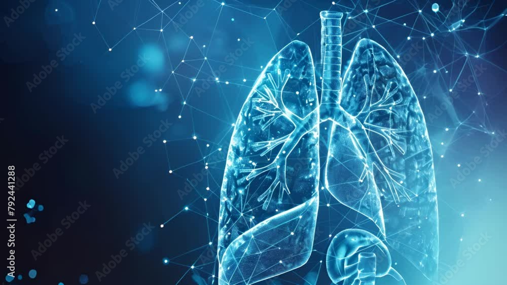 A blue image of a lung with a white line running through it. The lung ...