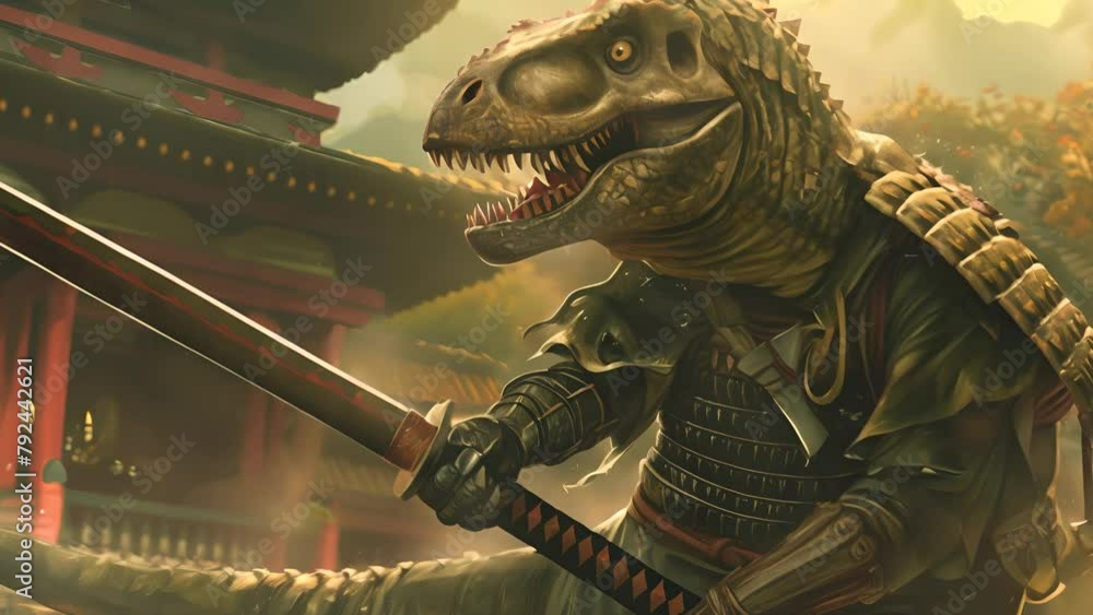 A dinosaur with a sword is depicted in a painting. The dinosaur is ...