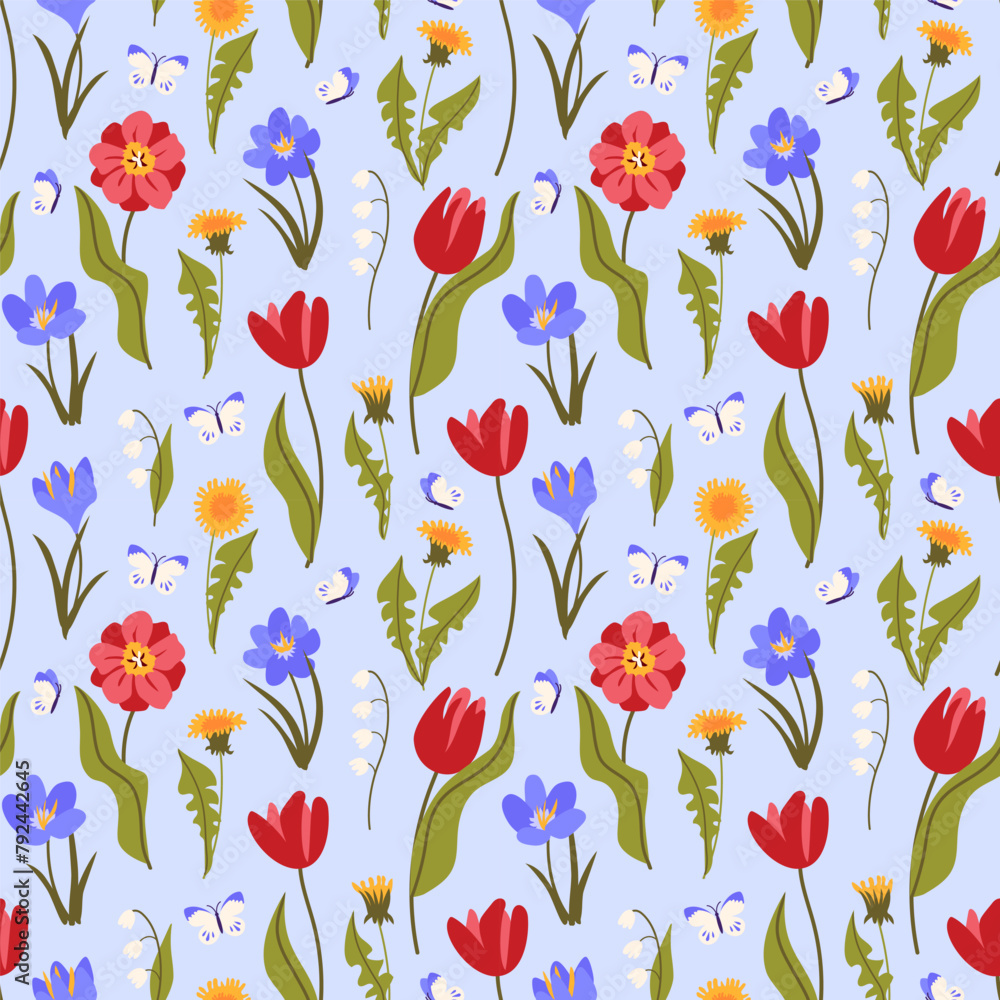 Spring seamless pattern with colorful blooming spring flowers and ...