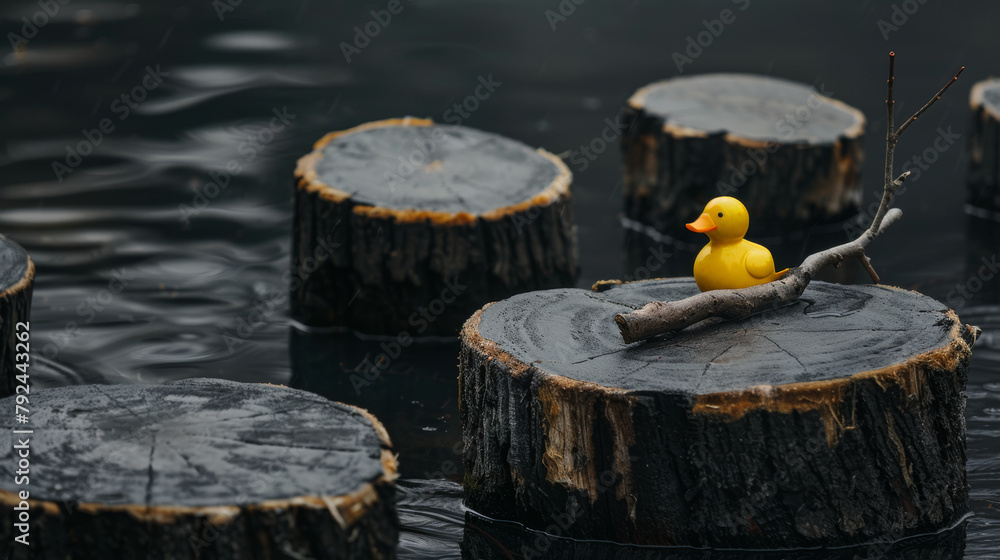 Photograph of multiple round wooden logs in the water. A yellow rubber ...