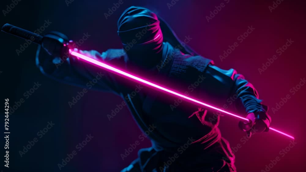 A ninja with a pink sword is standing in front of a purple background ...