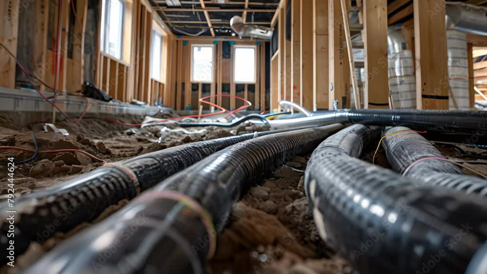 A black pipe is laying on the ground in a construction site. The pipe ...
