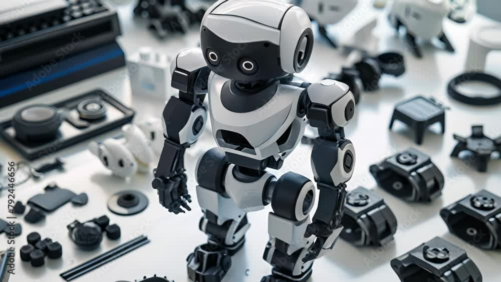 A robot is standing on a table with many other robots and objects. The ...