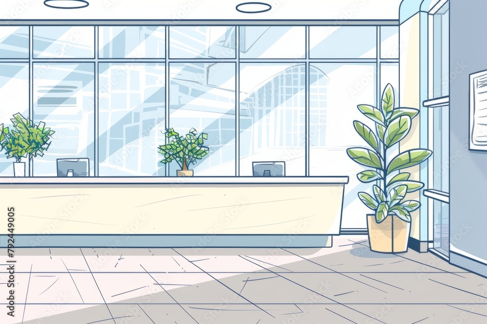 Cartoon cute doodles of an empty lobby with a reception desk, waiting ...