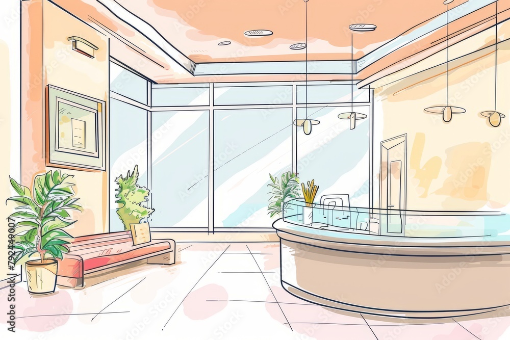 Cartoon cute doodles of an empty lobby with a reception desk, waiting ...