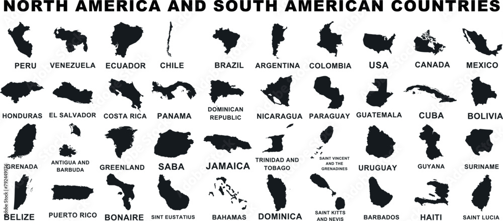 North, South America map silhouettes, USA, Canada, Brazil, Mexico maps ...