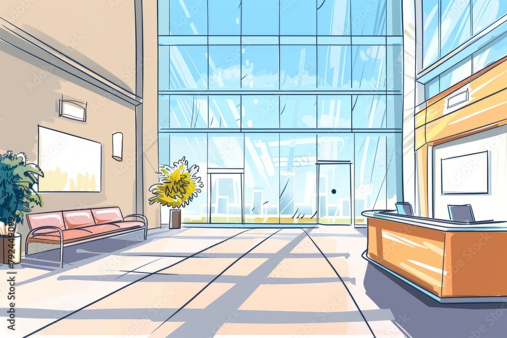 Cartoon cute doodles of an empty lobby with a reception desk, waiting ...