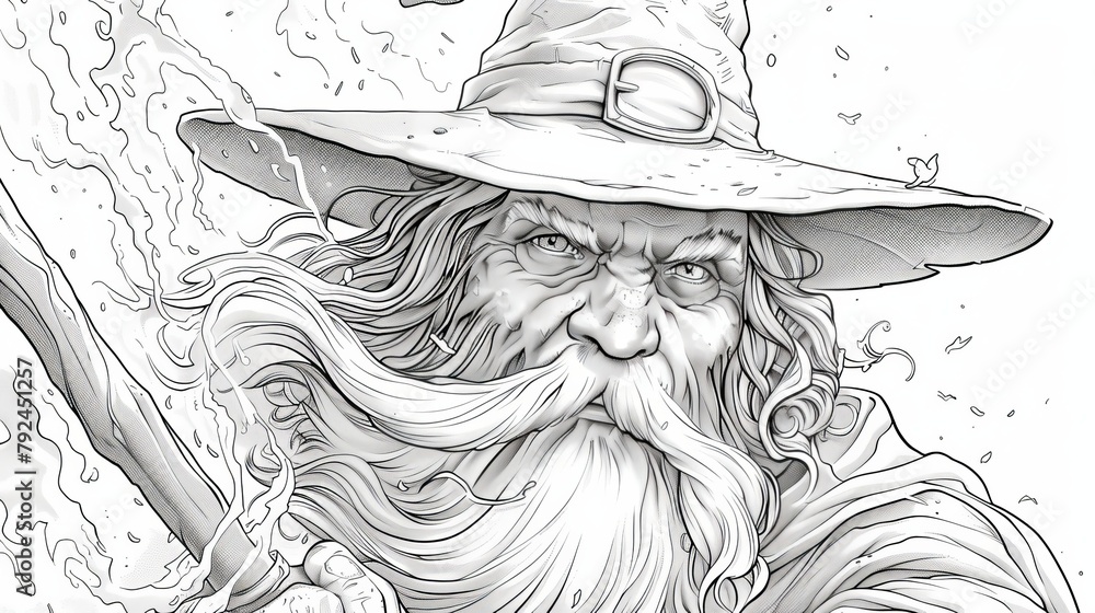 Fairy Tales: A coloring book page featuring a wise old wizard with a ...