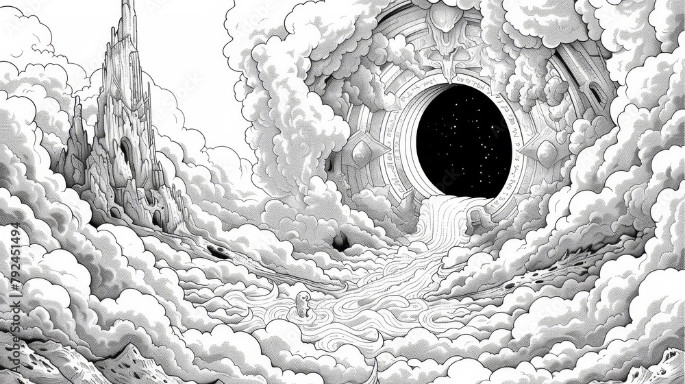 Fantasy: A coloring book page depicting a magical portal to another ...