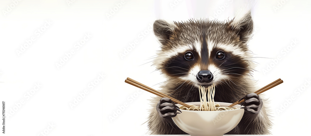 A raccoon is eating noodles with chopsticks. The image is playful and ...
