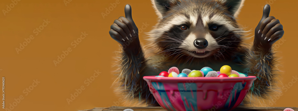 A raccoon is holding up its thumbs, a bowl of candy. The bowl is pink ...