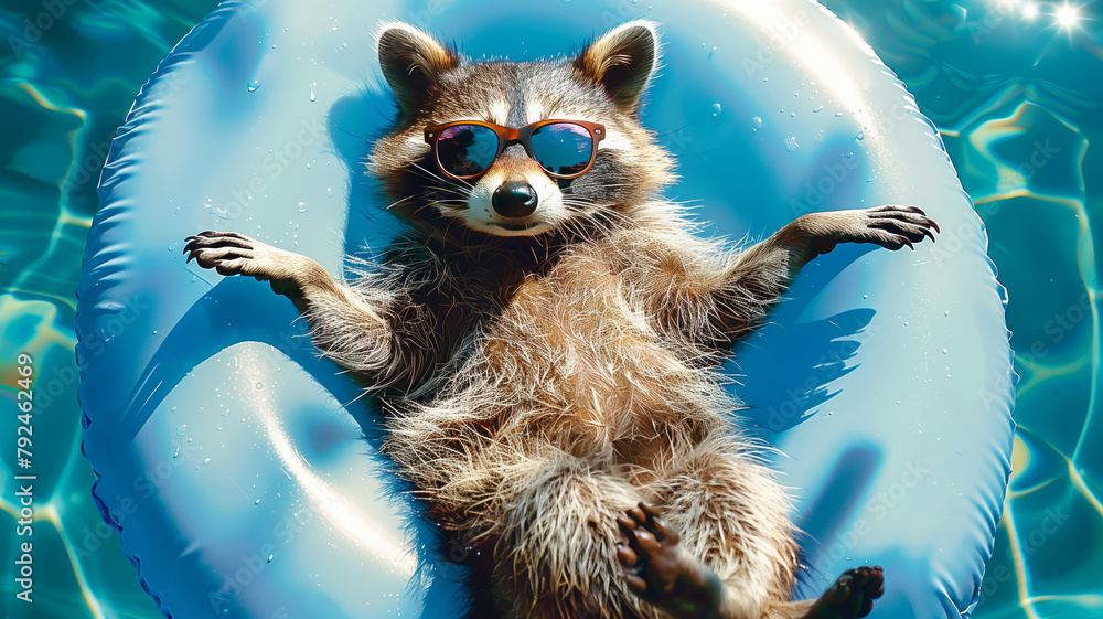 A raccoon is laying on a blue inflatable pool float with sunglasses on ...