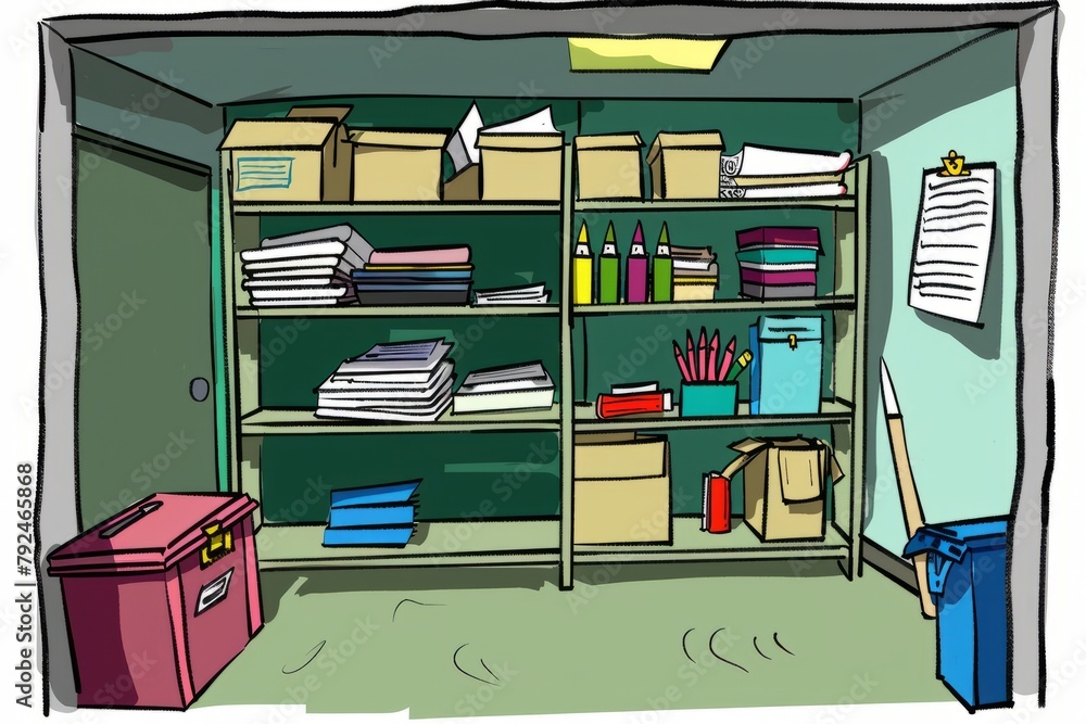 Cartoon cute doodles of an empty supply closet with shelves stocked ...