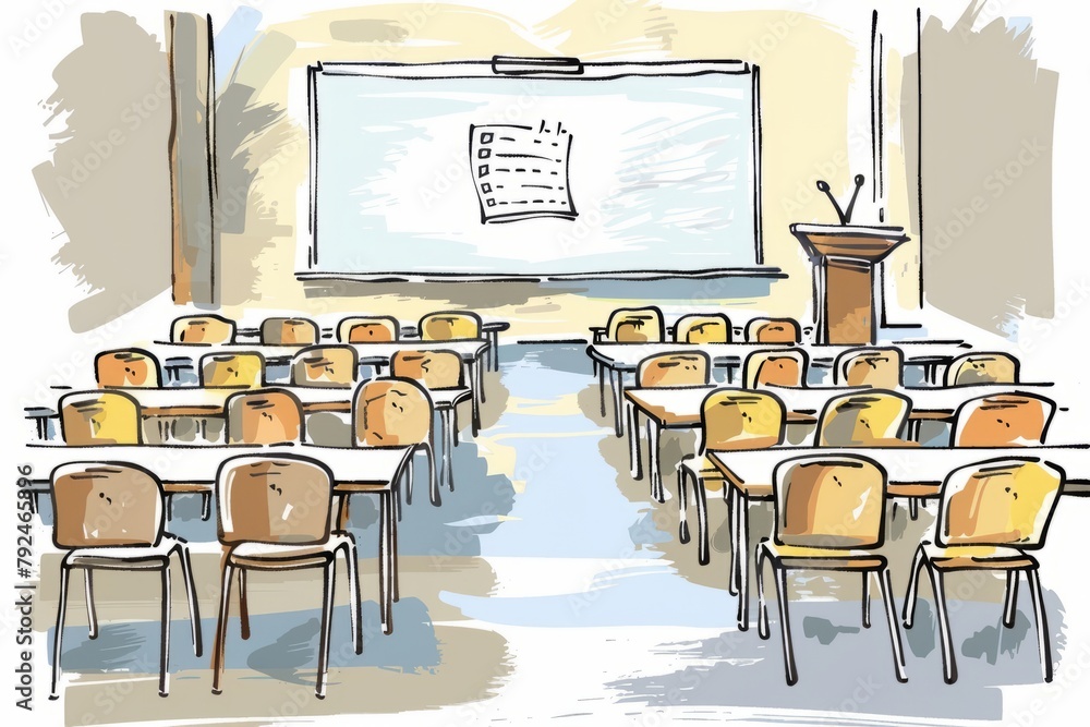 Cartoon cute doodles of an empty training room with rows of chairs and ...