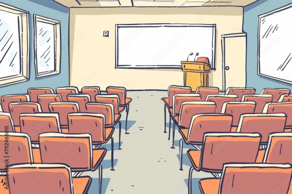 Cartoon cute doodles of an empty training room with rows of chairs and ...