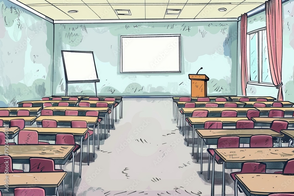 Cartoon cute doodles of an empty training room with rows of chairs and ...