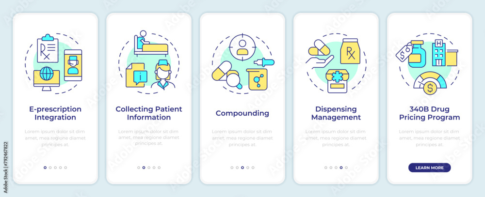 PMS system features onboarding mobile app screen. Walkthrough 5 steps ...