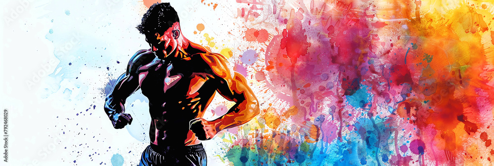 Watercolor Art of a Shirtless Male Bodybuilder Flexing His Muscles With ...