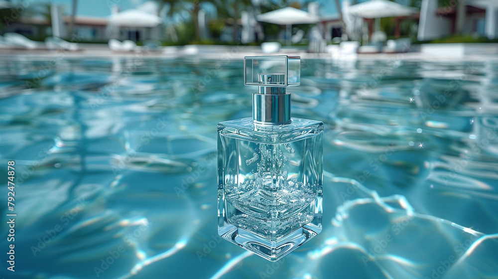 Product display of luxurious perfume bottle, square, blue color ...