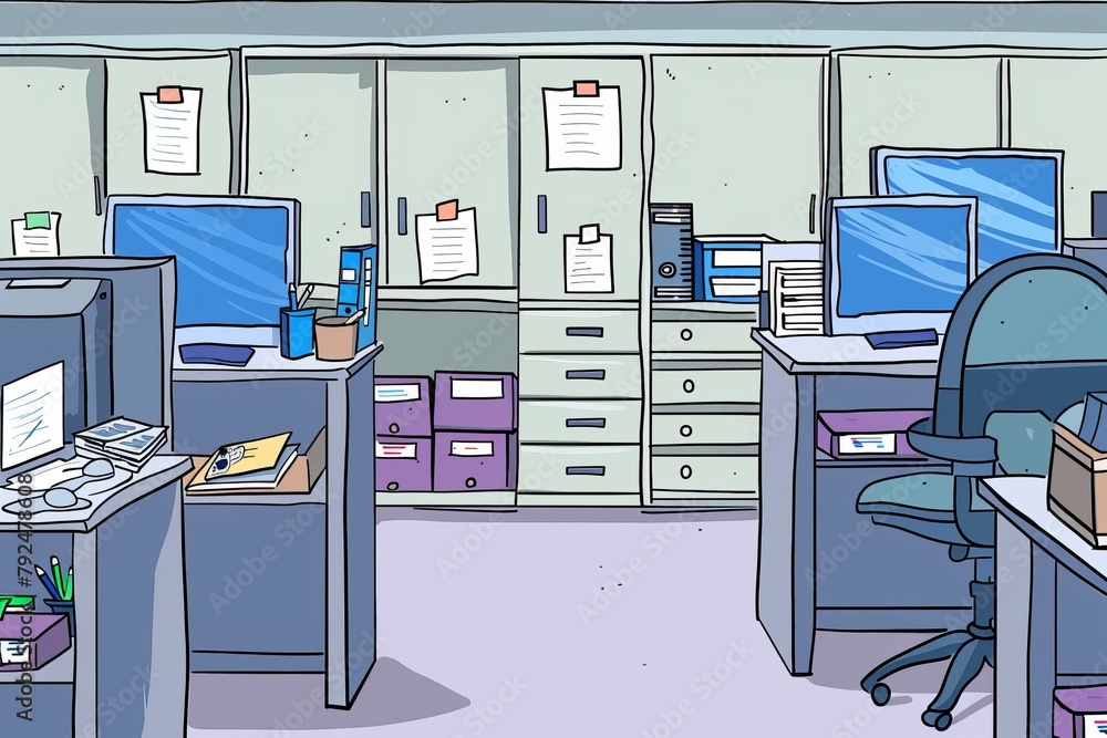 Cartoon cute doodles of cubicles with empty desks and computers, with ...