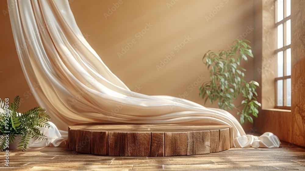 Wooden plinth and satin fabric floating on brown background. Luxurious ...