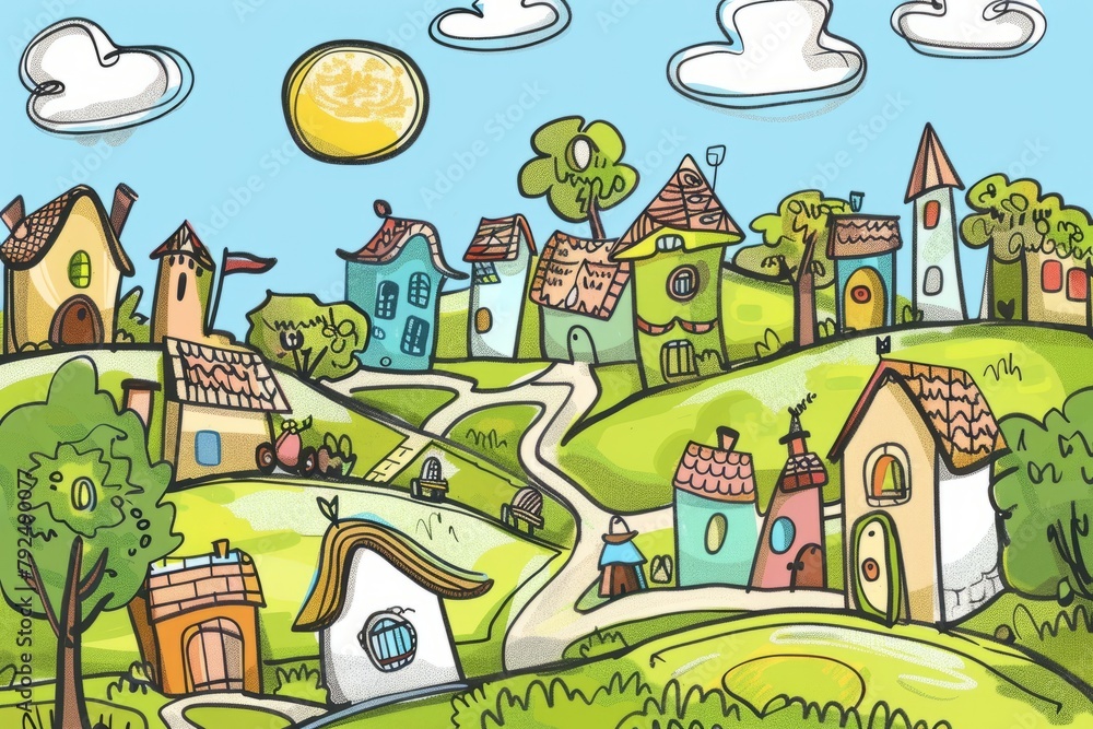 Cartoon cute doodles of a charming rural village with quaint cottages ...