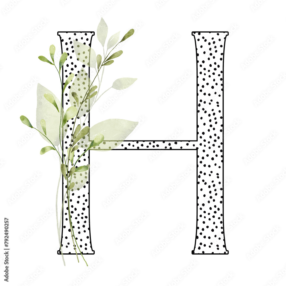Letter H, floral monogram with watercolor leaf. Letterhead, initial ...