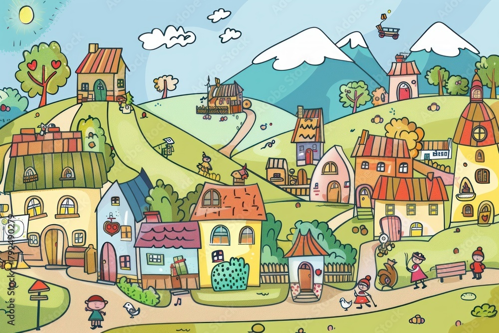 Cartoon cute doodles of a charming rural village with quaint cottages ...