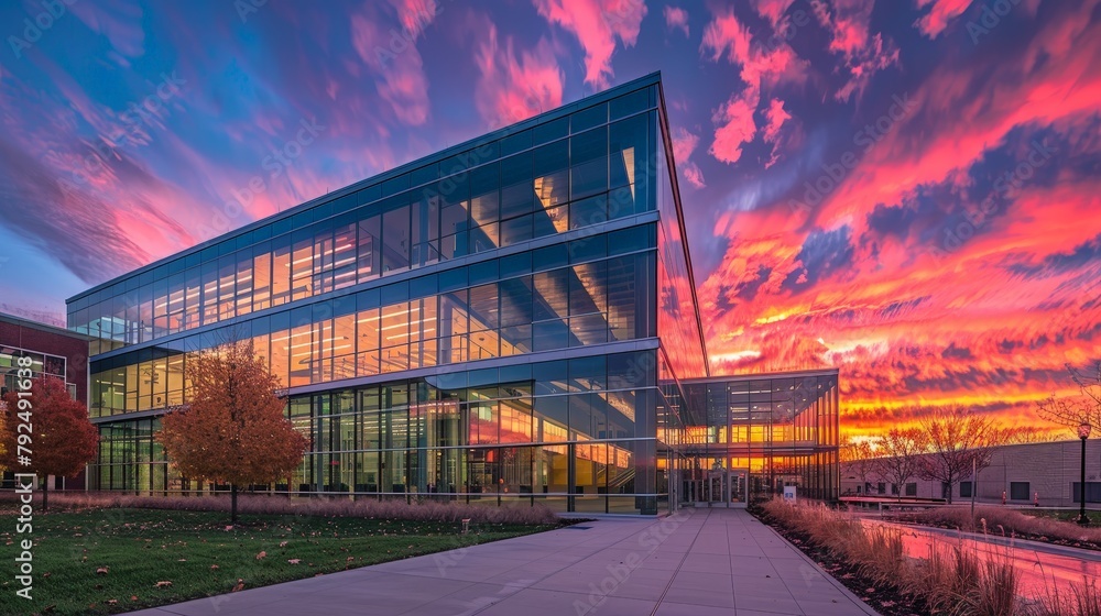 As the sun sets, the business building becomes a canvas for the vibrant ...