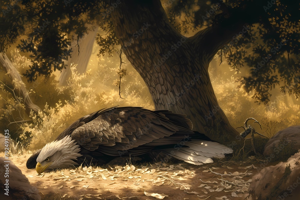 cartoon illustration, an eagle is sleeping under a tree Stock ...