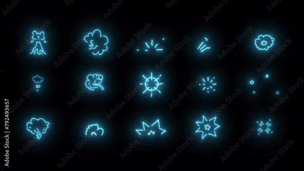Explosions smoke neon animation set. Flame clouds animated icons glow ...