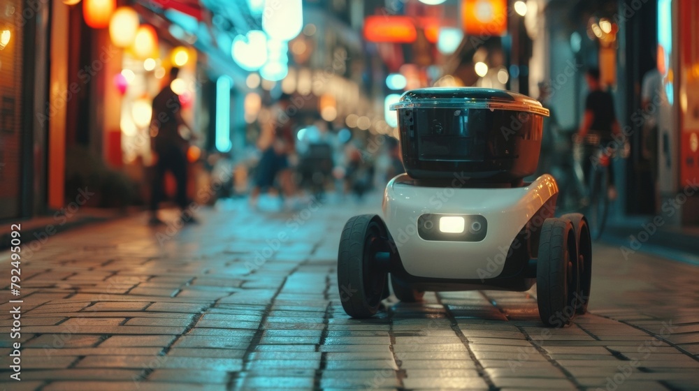 Closeup of a food delivery robot navigating crowded streets and delivering meals to customers ...